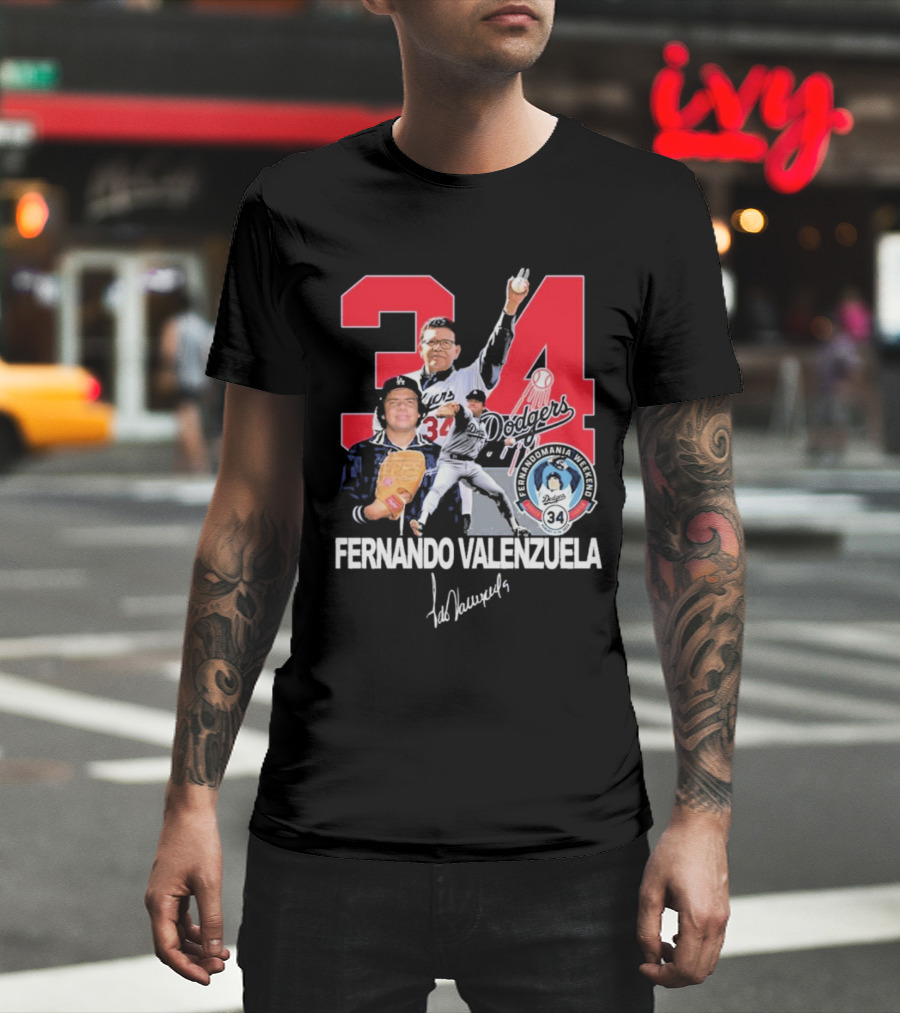 34 Dodgers Fernando Valenzuela Fernandomania Legend Signature T-Shirt