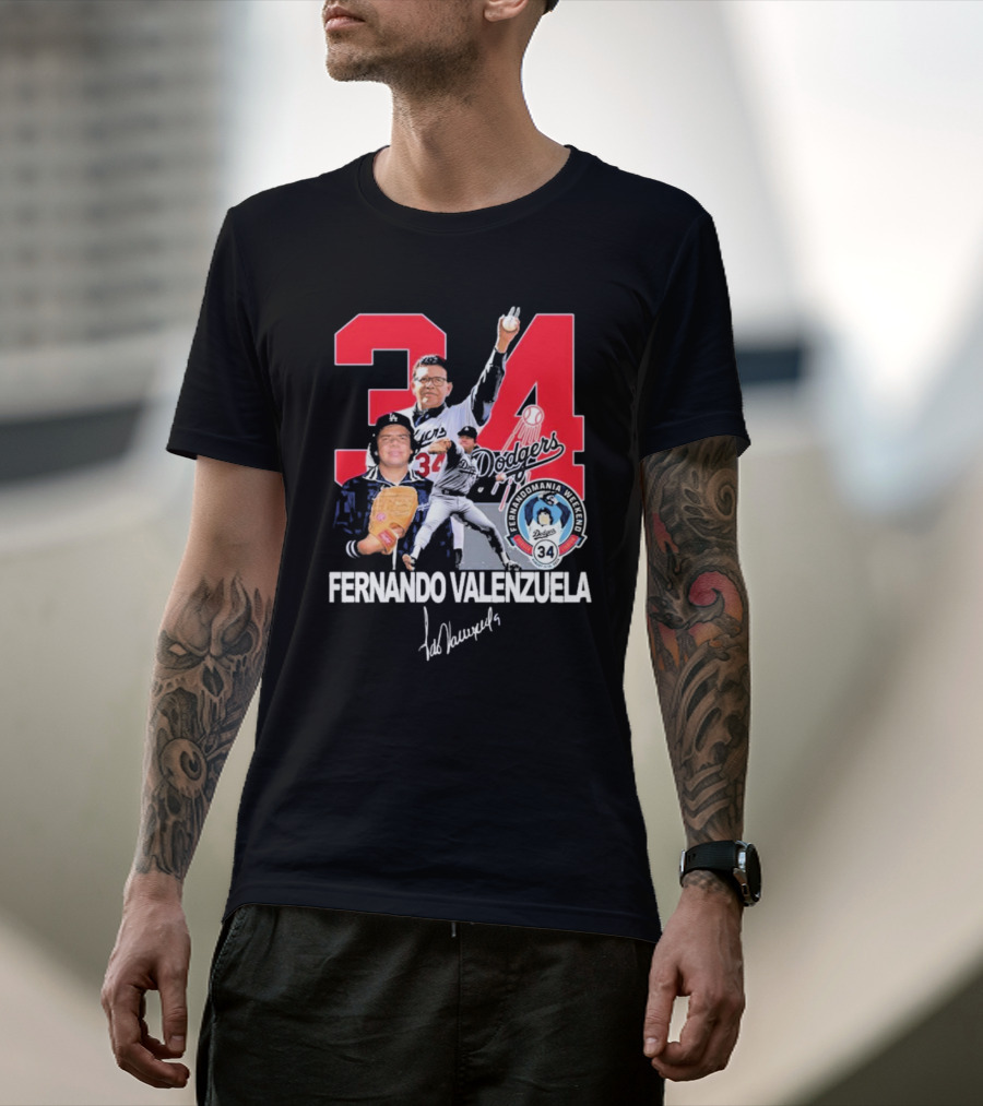 34 Dodgers Fernando Valenzuela Fernandomania Legend Signature T-Shirt