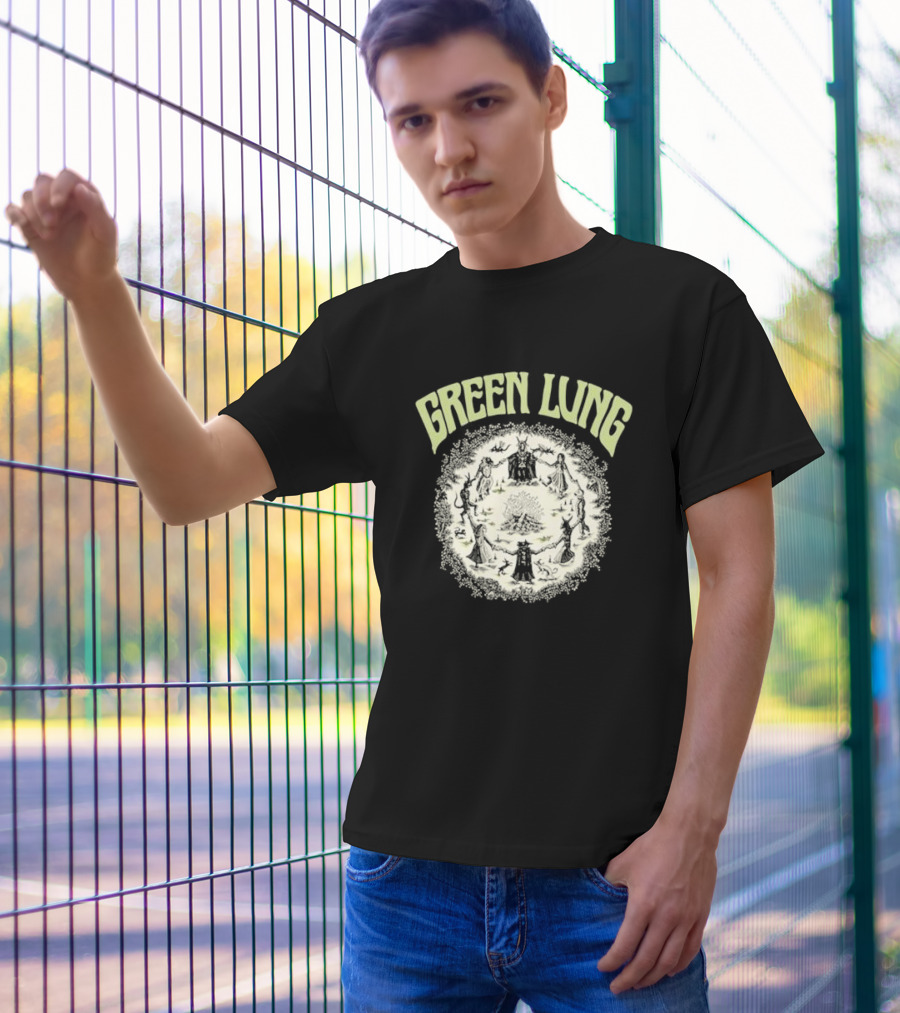 Green Lung Mystic Circle Ritual Scene With Figures And Central Fire T-Shirt