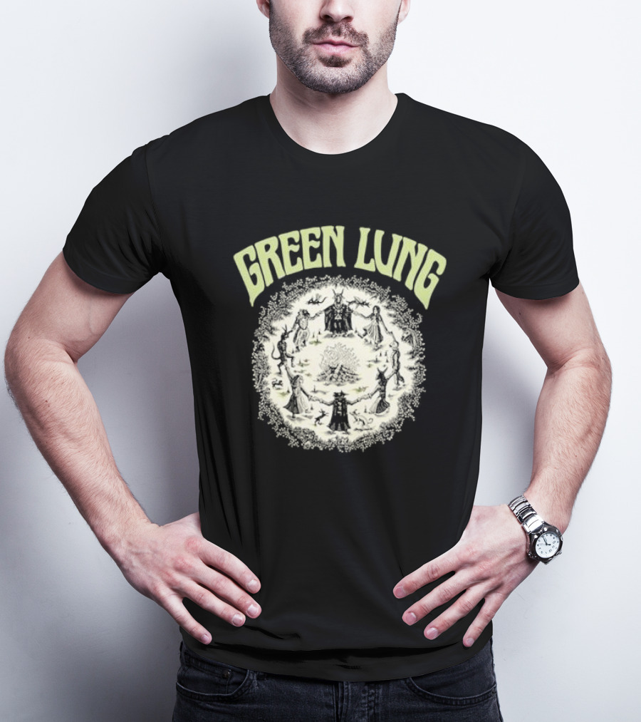 Green Lung Mystic Circle Ritual Scene With Figures And Central Fire T-Shirt