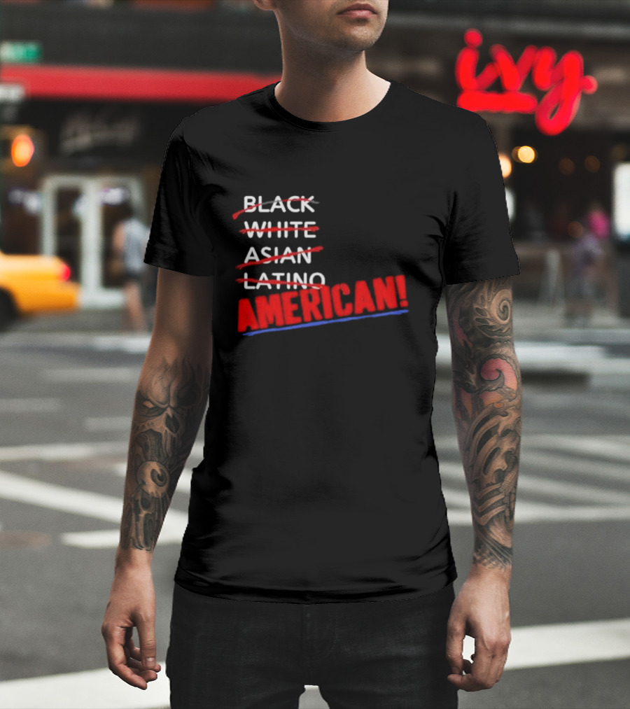 Joy Villa Lifsey Black White Asian Latino Strikethrough American Text T-Shirt