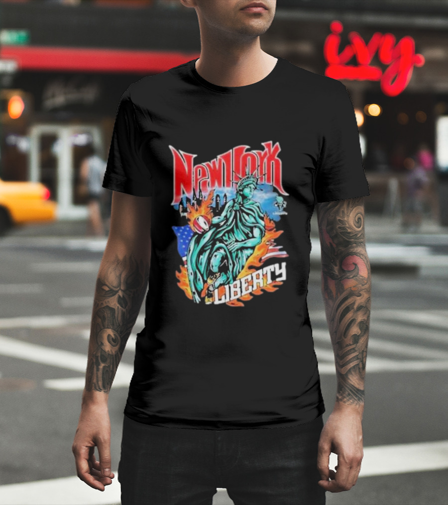 New York Liberty Statue Of Liberty With Flames And American Flag Basketball T-Shirt