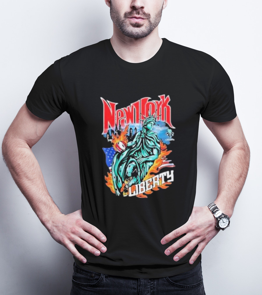 New York Liberty Statue Of Liberty With Flames And American Flag Basketball T-Shirt