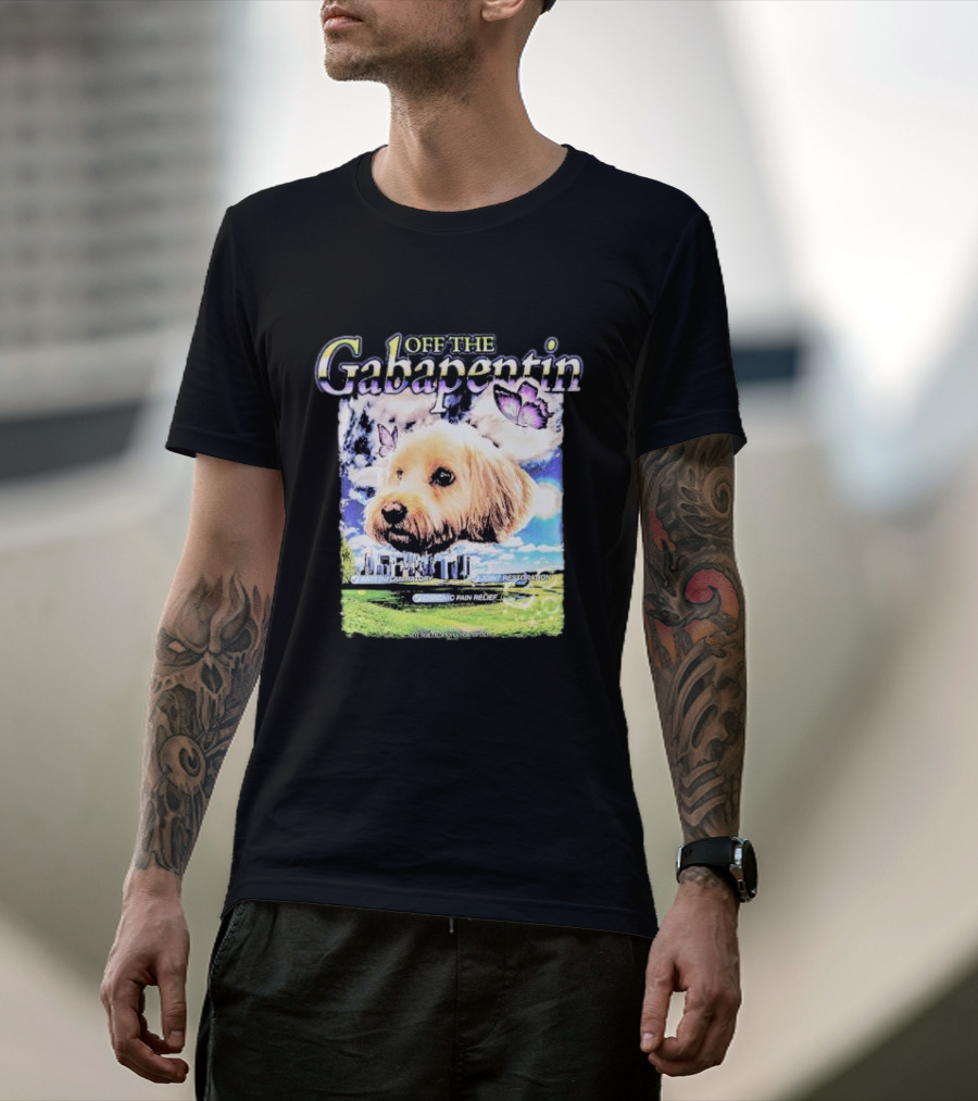 Off The Gabapentin Dog Floating Above Clouds And Stonehenge With Butterflies T-Shirt