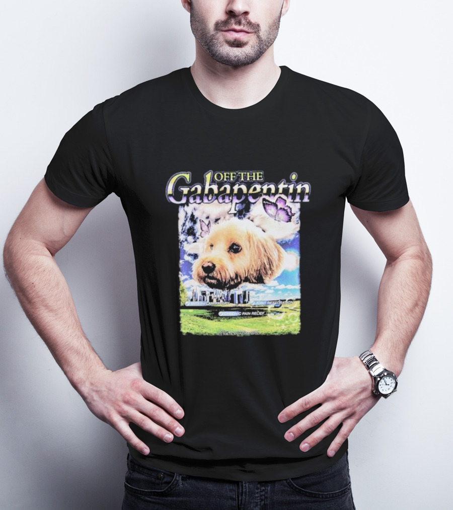 Off The Gabapentin Dog Floating Above Clouds And Stonehenge With Butterflies T-Shirt