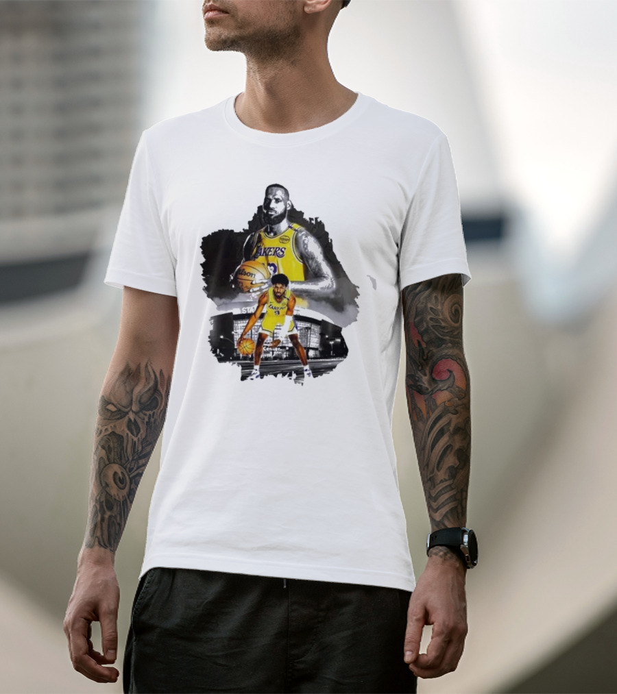 Lebron James Lakers Basketball Star In Action With Los Angeles Stadium Background T-Shirt