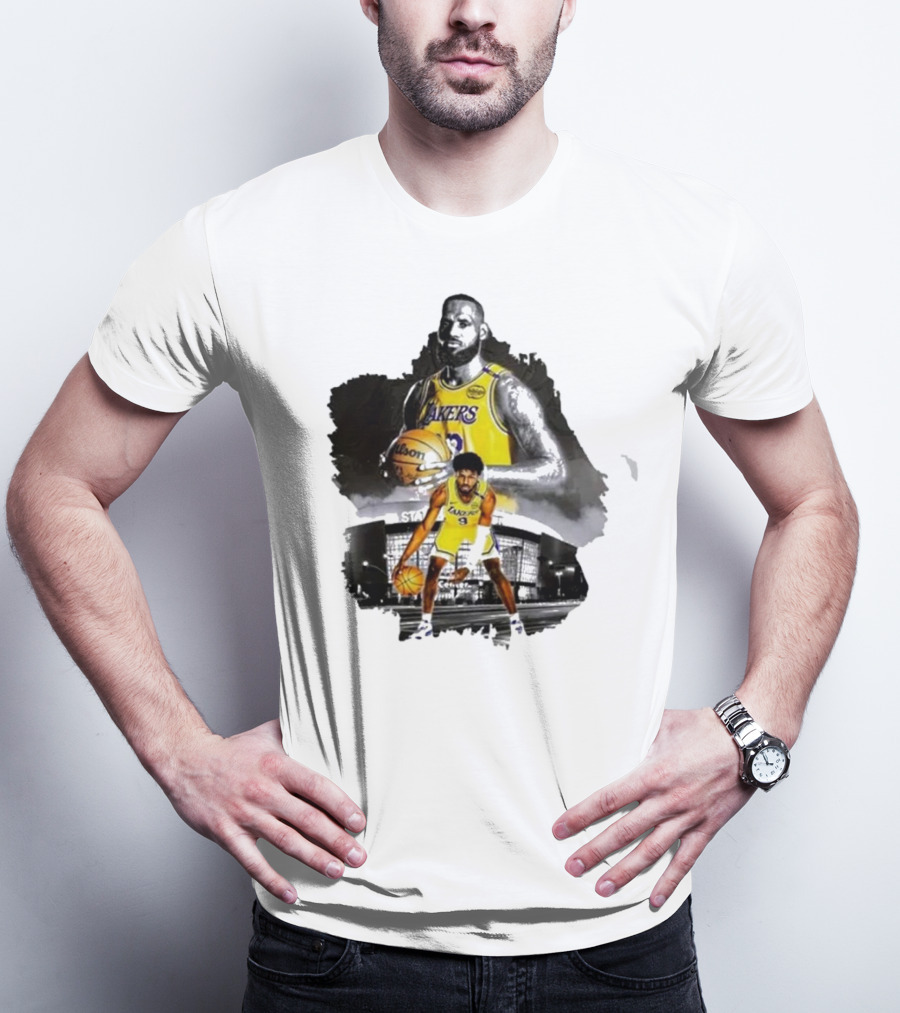 Lebron James Lakers Basketball Star In Action With Los Angeles Stadium Background T-Shirt