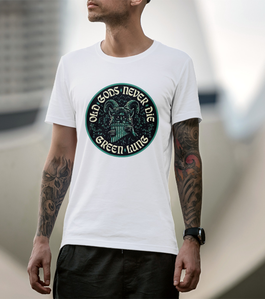Old Gods Never Die Green Lung Goat-Horned Creature With Pan Flute T-Shirt