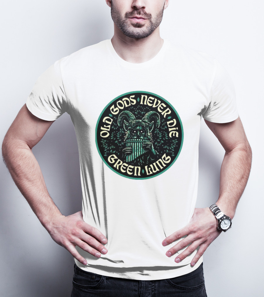 Old Gods Never Die Green Lung Goat-Horned Creature With Pan Flute T-Shirt