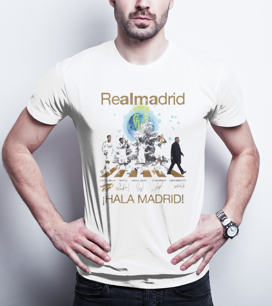 Real Madrid Hala Madrid Jude Bellingham Rodrygo Vinicius Junior Kylian Mbappe Carlo Ancelotti Signatures T-Shirt