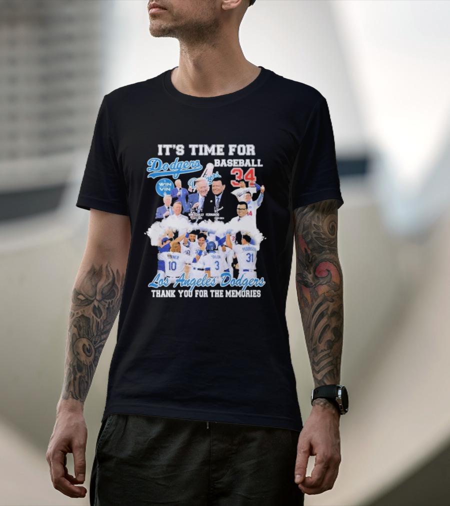 IT'S TIME FOR BASEBALL LOS ANGELES DODGERS VIN SCULLY FERNANDO VALENZUELA 34 THANK YOU FOR THE MEMORIES T-Shirt