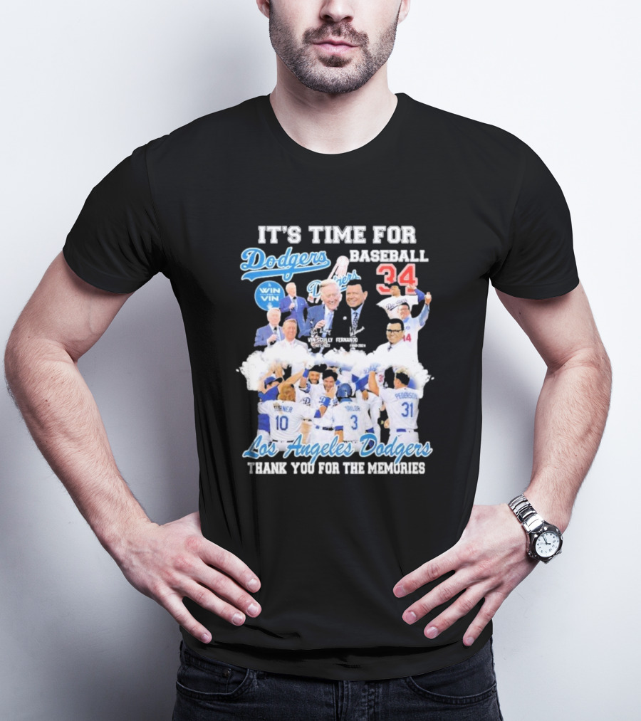 IT'S TIME FOR BASEBALL LOS ANGELES DODGERS VIN SCULLY FERNANDO VALENZUELA 34 THANK YOU FOR THE MEMORIES T-Shirt