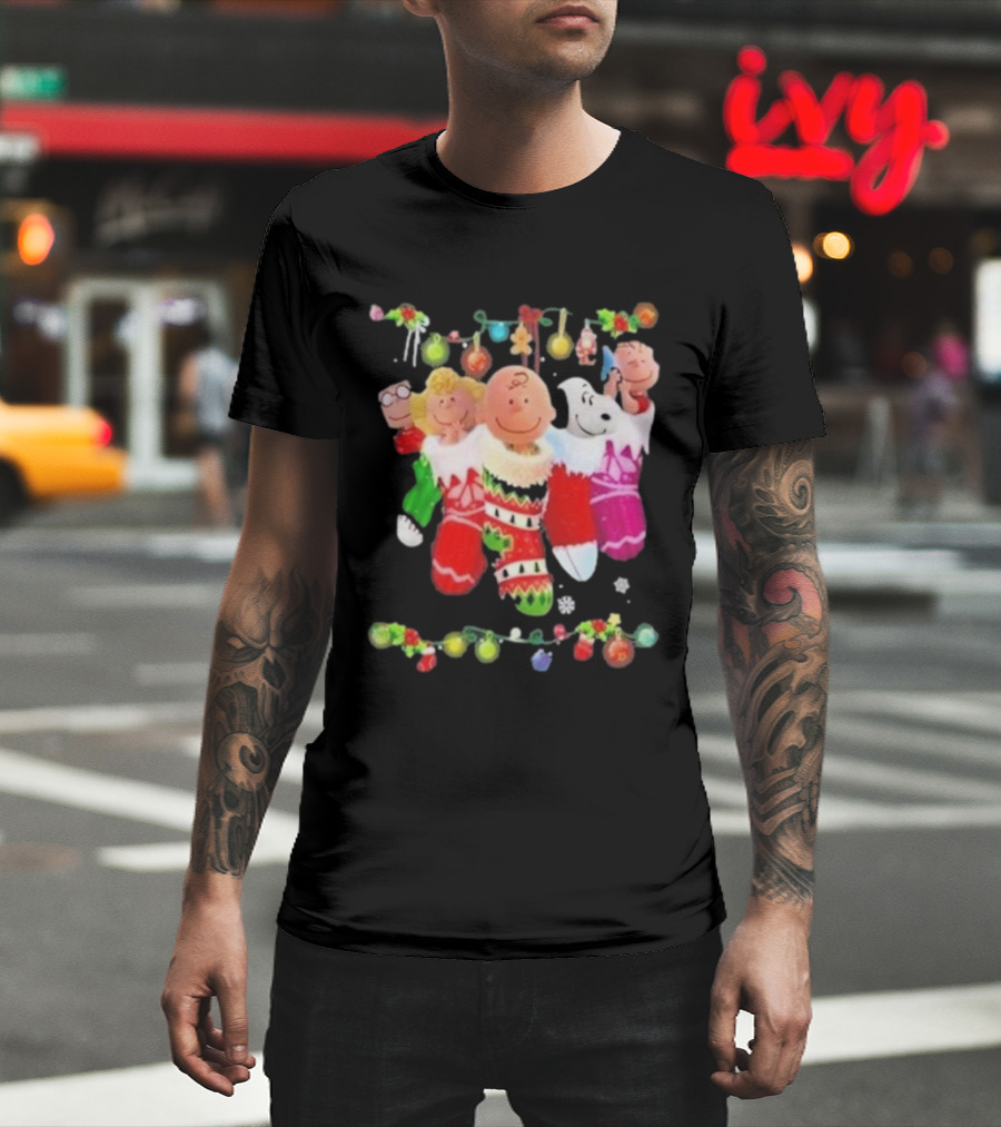 Snoopy Charlie And Friends In Festive Christmas Stockings With Holiday Lights T-Shirt