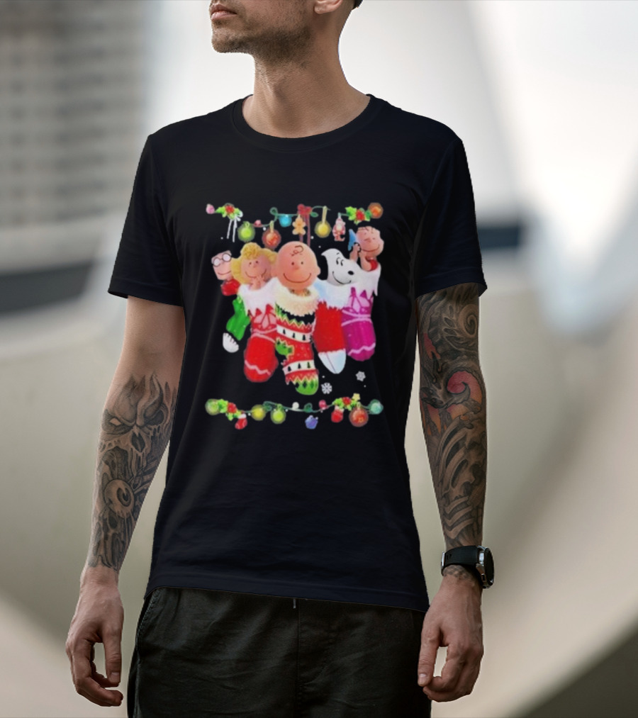 Snoopy Charlie And Friends In Festive Christmas Stockings With Holiday Lights T-Shirt