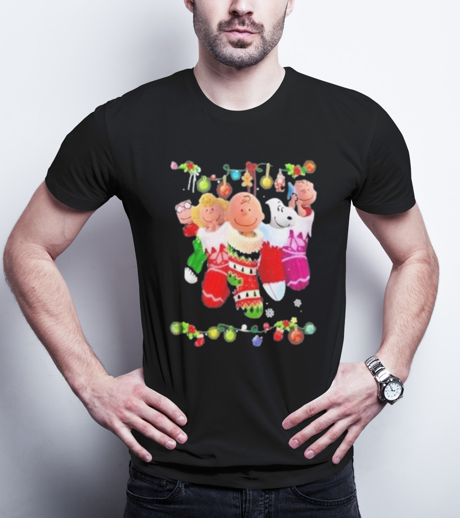 Snoopy Charlie And Friends In Festive Christmas Stockings With Holiday Lights T-Shirt