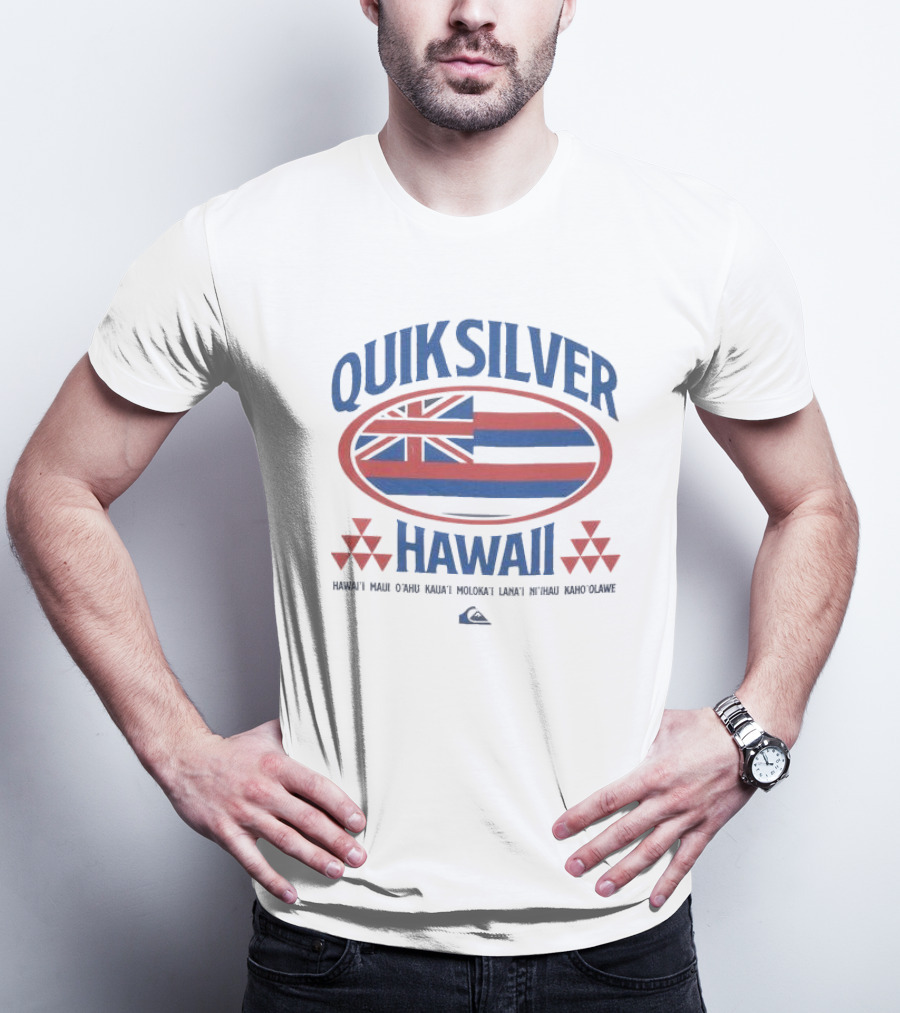 Quiksilver Hawaii Flag Design With Island Names - Hawai'i Maui O'ahu Kaua'i Moloka'i Lana'i Ni'ihau Kaho'olawe T-Shirt