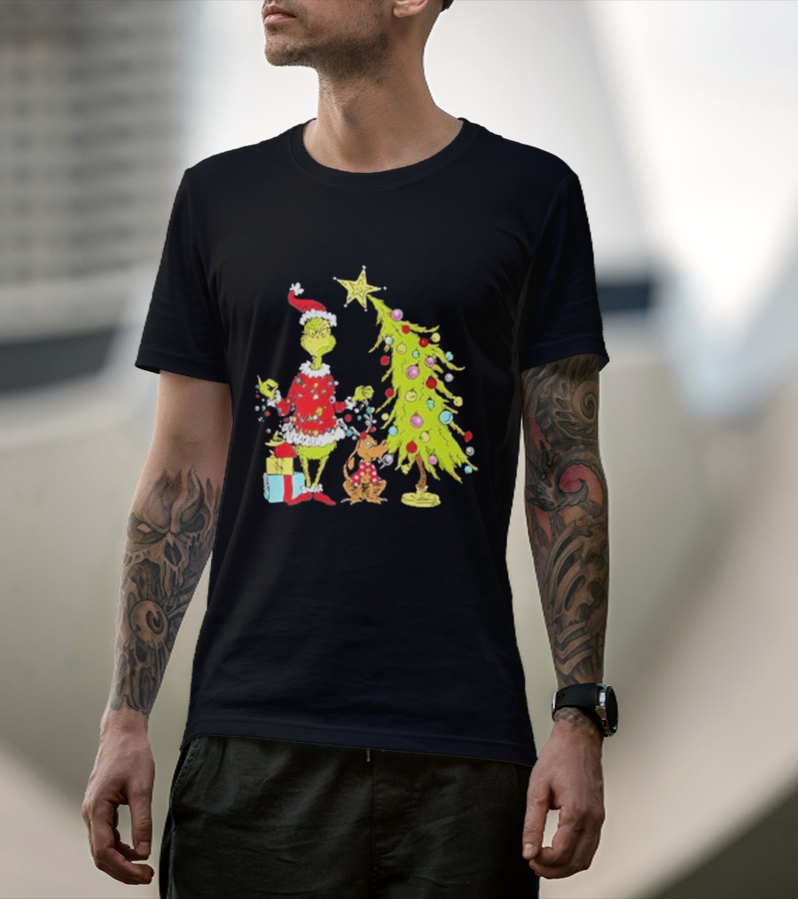 Grinch Christmas Tree With Santa Hat And Max By Presents T-Shirt