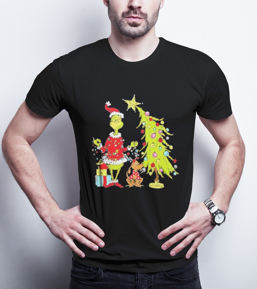 Grinch Christmas Tree With Santa Hat And Max By Presents T-Shirt