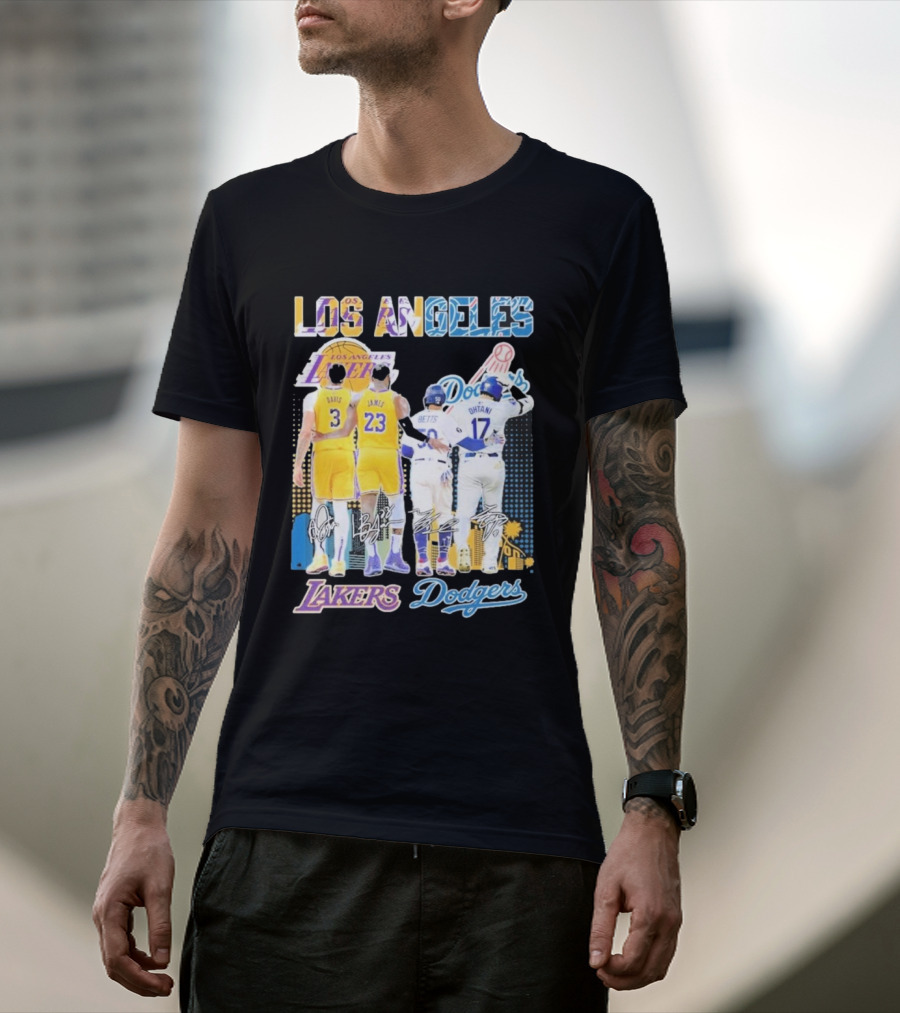 Los Angeles Lakers Dodgers LeBron James Anthony Davis Mookie Betts Freddie Freeman Signatures T-Shirt