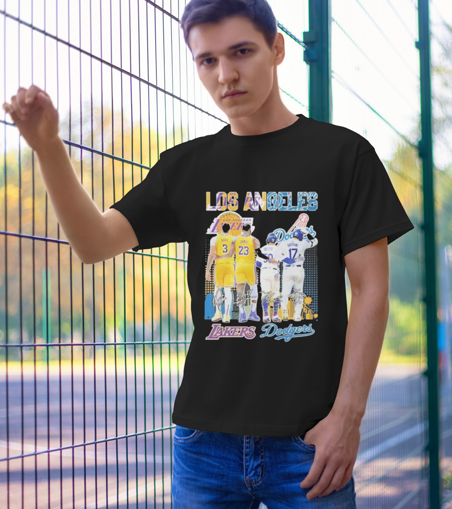 Los Angeles Lakers Dodgers LeBron James Anthony Davis Mookie Betts Freddie Freeman Signatures T-Shirt