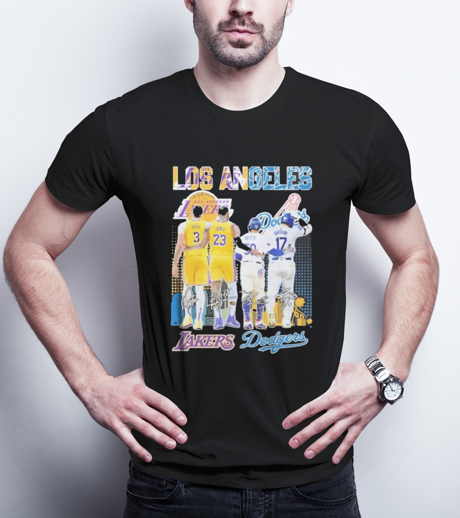 Los Angeles Lakers Dodgers LeBron James Anthony Davis Mookie Betts Freddie Freeman Signatures T-Shirt