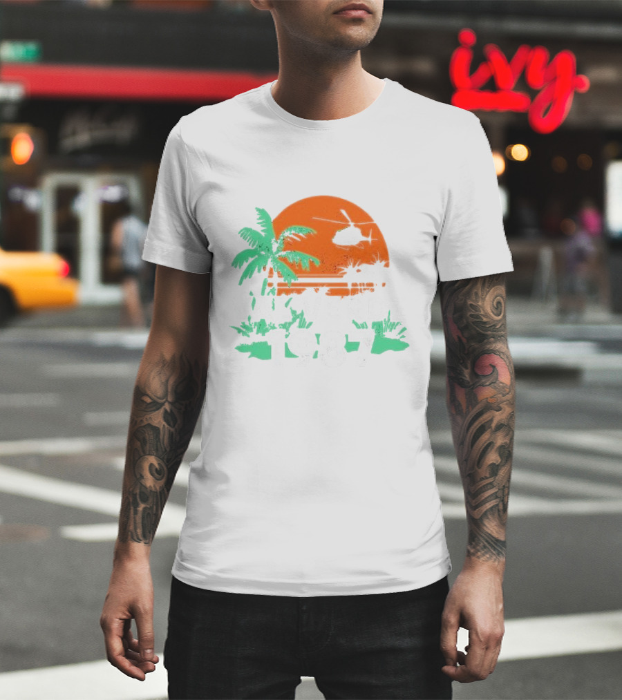 Val Verde 1987 Sunset Palm Trees Helicopter Scene T-Shirt