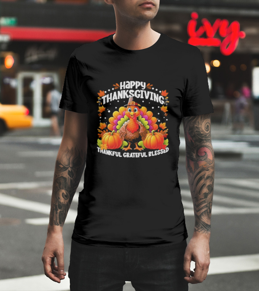 Happy Thanksgiving Turkey Thankful Grateful Blessed With Pumpkins And Autumn Leaves T-Shirt