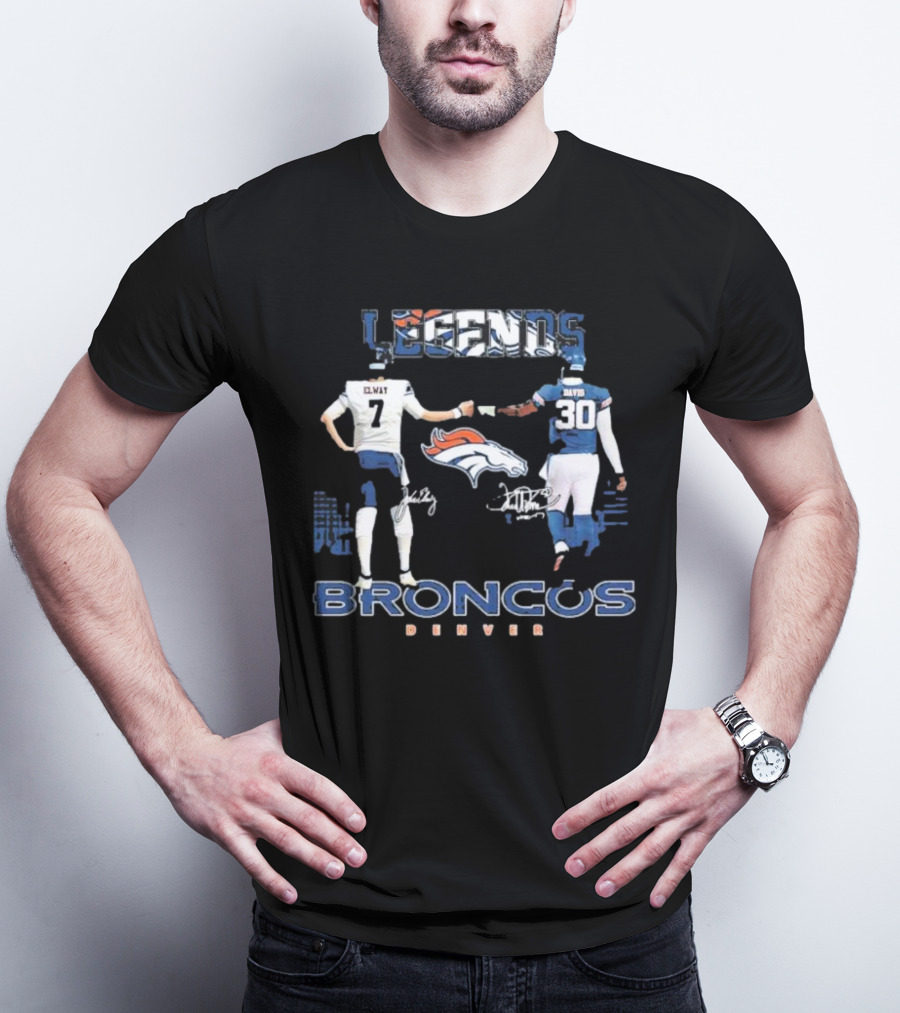 Denver Broncos Legends Elway Davis Signature Football Duo T-Shirt