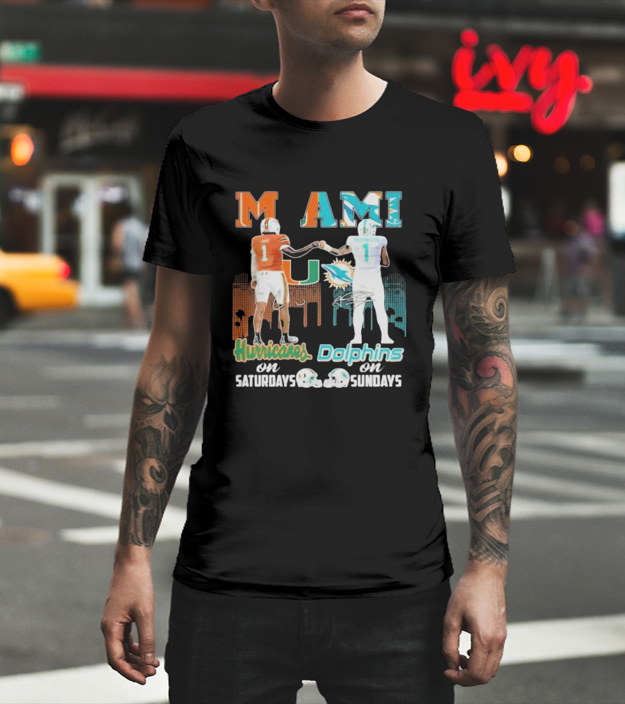 Miami Hurricanes On Saturdays Dolphins On Sundays T-Shirt