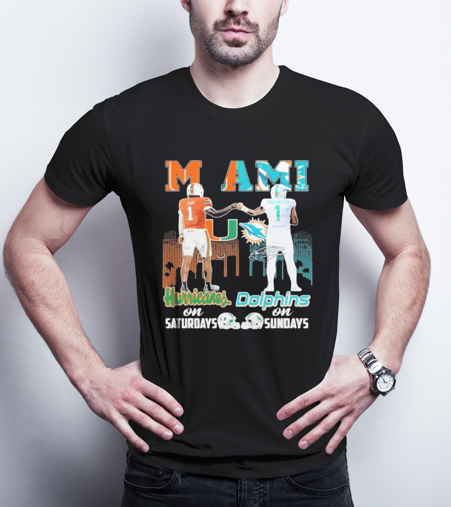 Miami Hurricanes On Saturdays Dolphins On Sundays T-Shirt