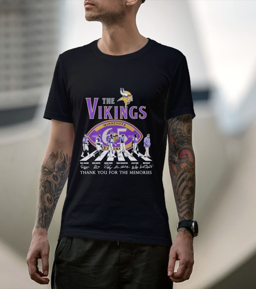 Minnesota Vikings Thank You For The Memories 1960-2025 Paul Krause Chris Carter Randy Moss Fran Tarkenton Alan Page Bud Grant T-Shirt