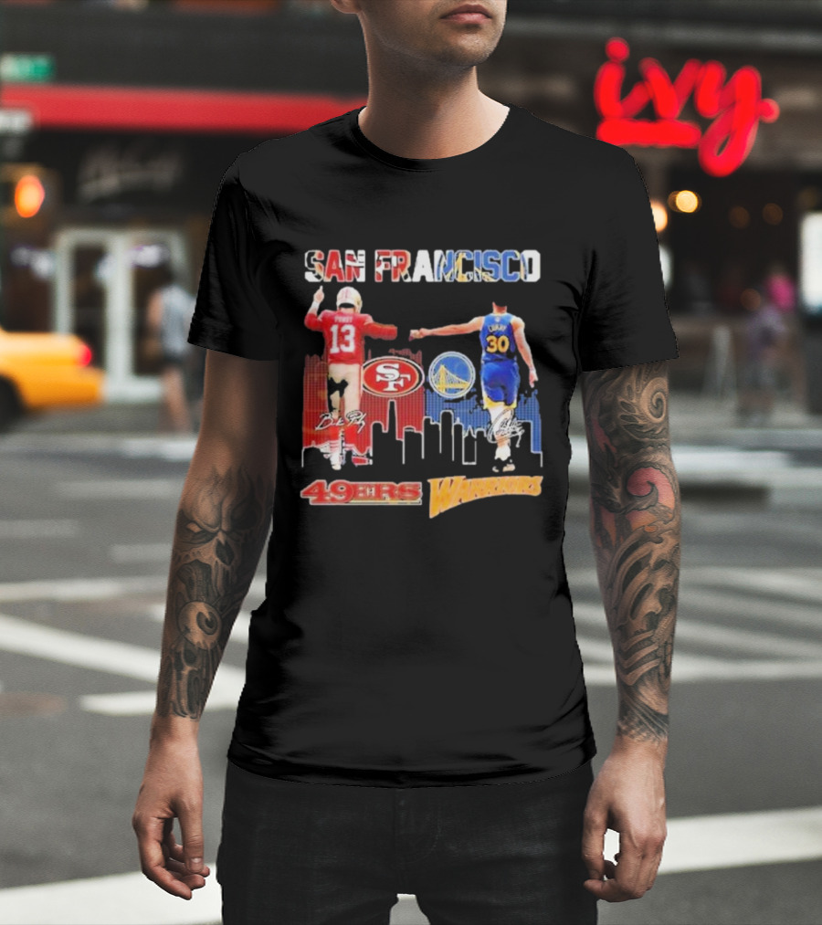 San Francisco 49ers Golden State Warriors Signatures With San Francisco Skyline T-Shirt