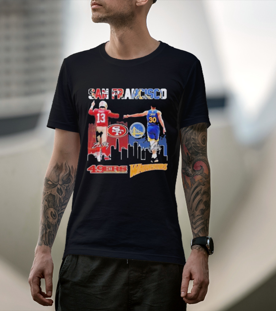 San Francisco 49ers Golden State Warriors Signatures With San Francisco Skyline T-Shirt