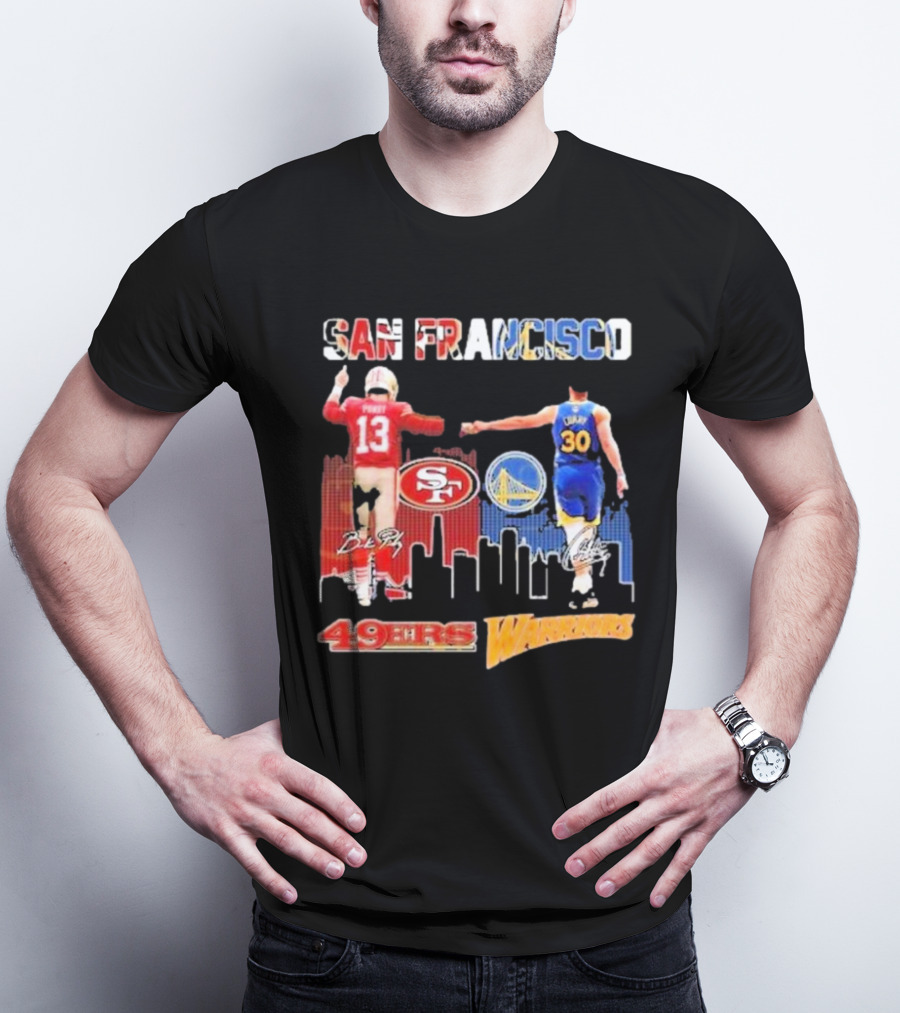 San Francisco 49ers Golden State Warriors Signatures With San Francisco Skyline T-Shirt