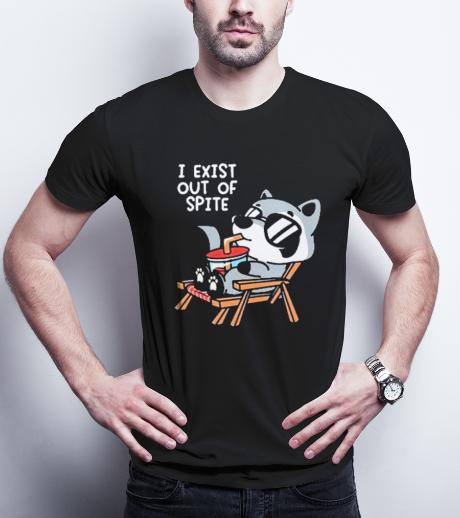 Mandatoryfunday I Exist Out Of Spite Raccoon Relaxing In Chair With Sunglasses And Drink T-Shirt