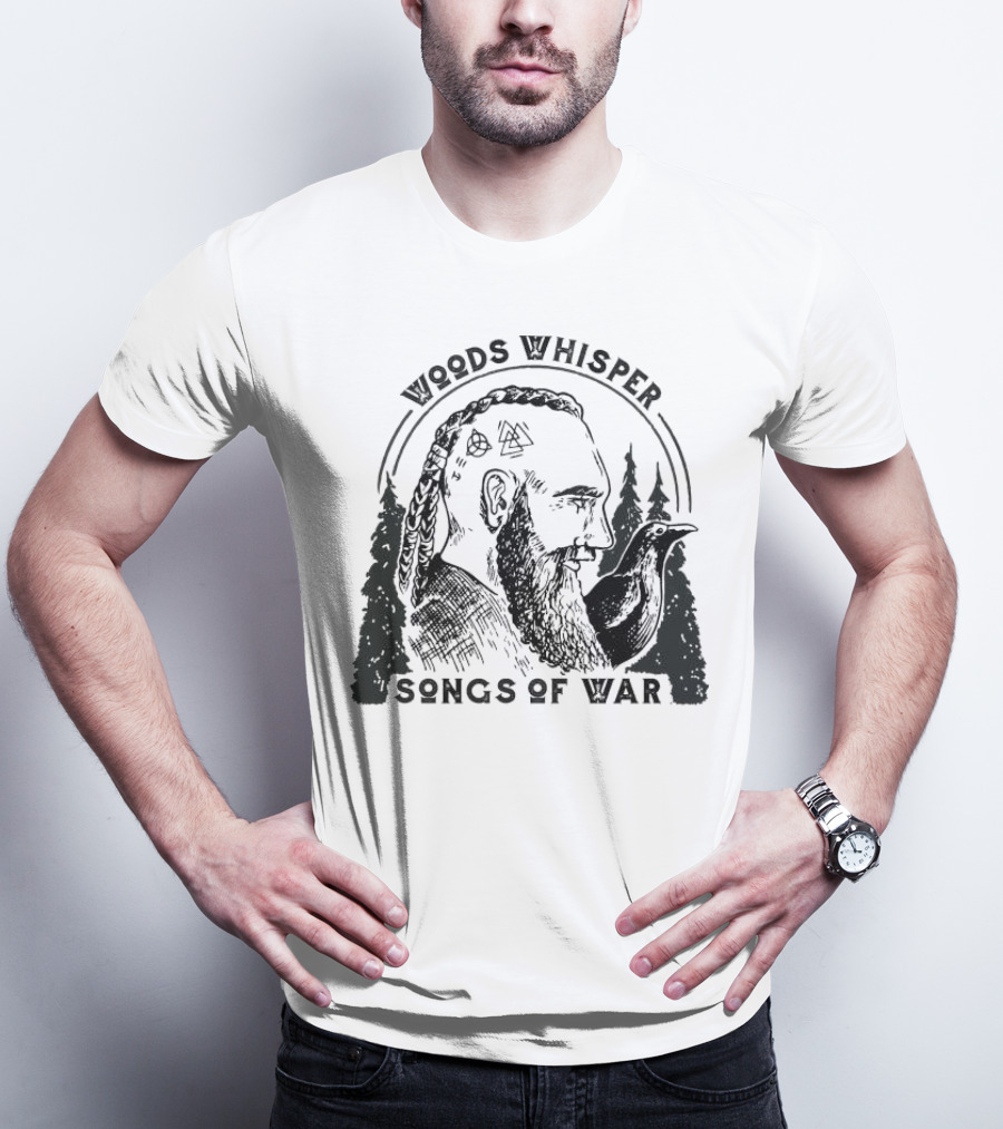Woods Whisper Songs Of War Viking With Raven And Forest Symbols T-Shirt