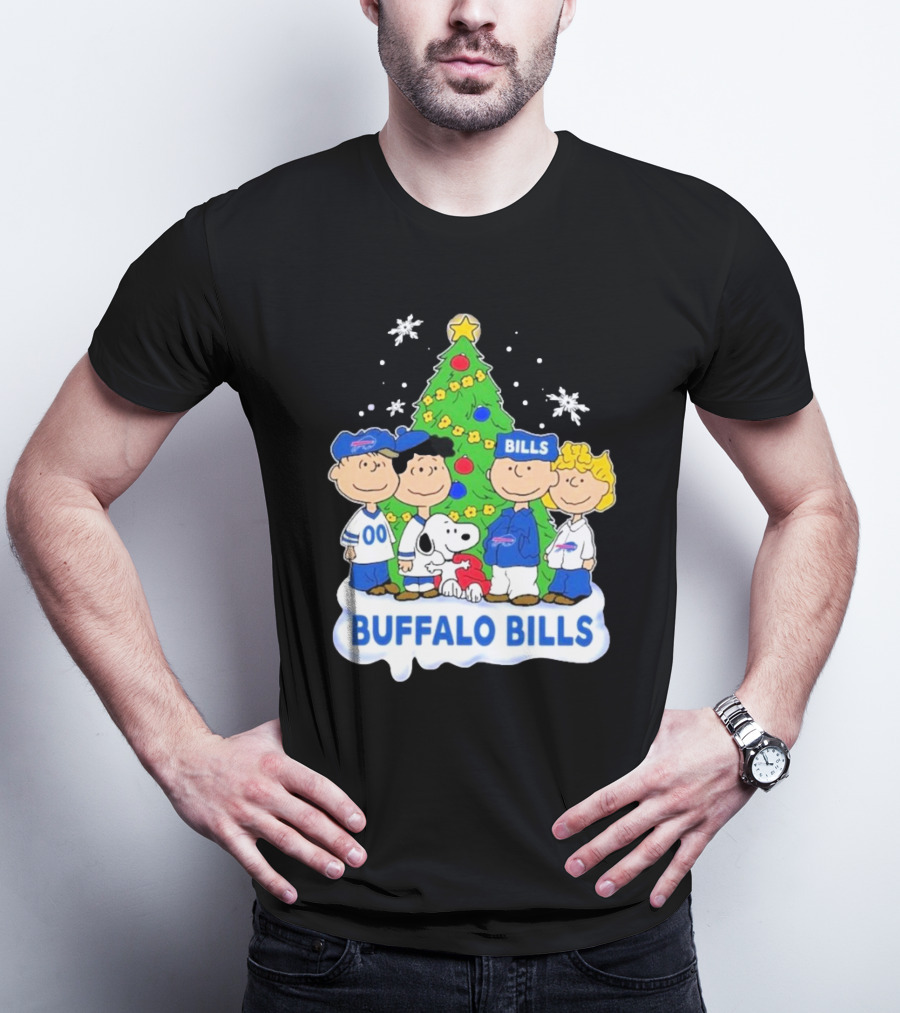 Buffalo Bills Snoopy Christmas Tree Peanuts Characters Holiday Scene T-Shirt