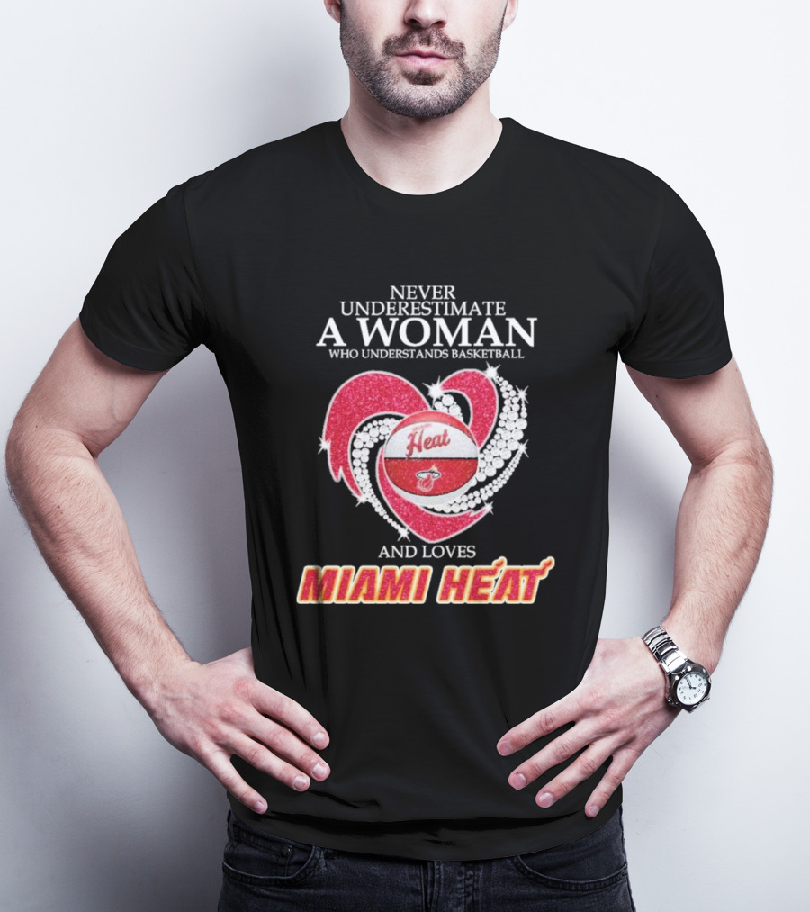 Never Underestimate A Woman Who Understands Basketball And Loves Miami Heat With Red Heart And Basketball T-Shirt