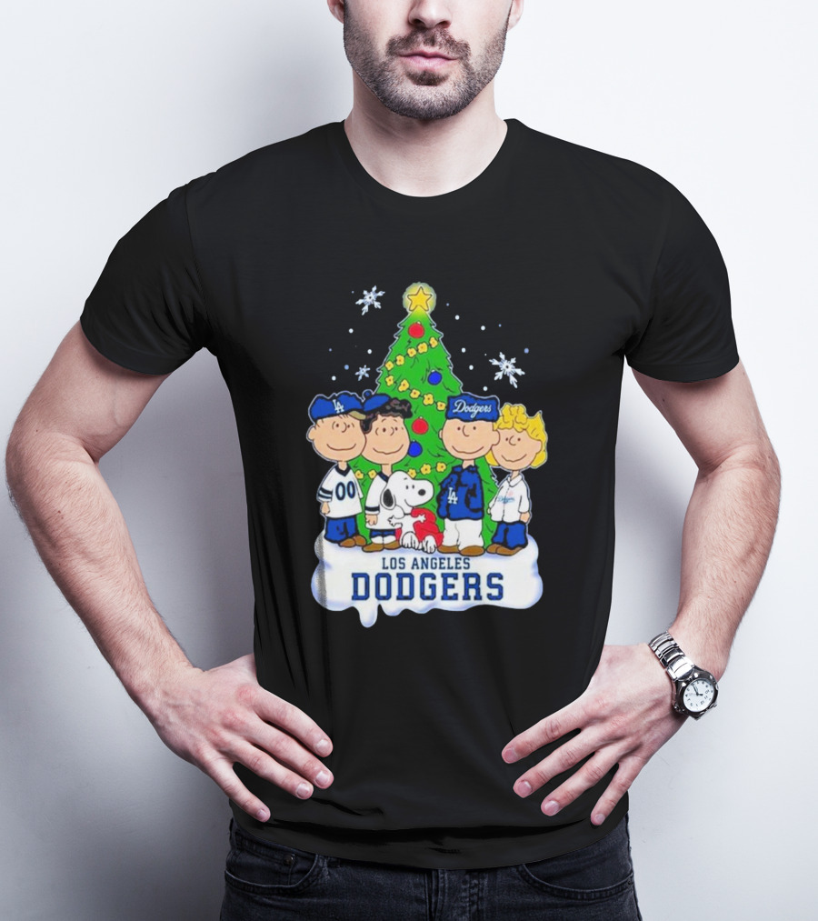 Christmas With Snoopy Los Angeles Dodgers Peanuts Characters And Tree T-Shirt