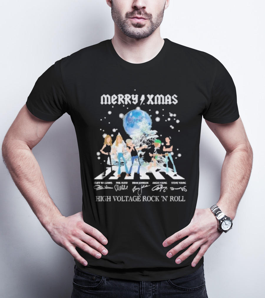 Merry Xmas AC DC High Voltage Rock N Roll Cliff Williams Phil Rudd Brian Johnson Angus Young Stevie Young T-Shirt