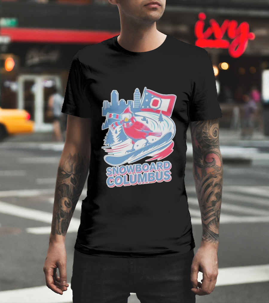 Snowboard Columbus Cardinal USA Snowboarding Animal Skyline Flag T-Shirt