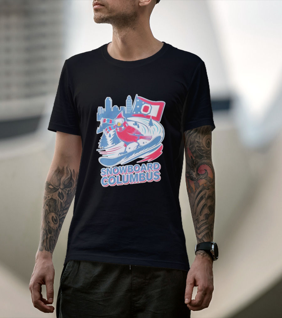 Snowboard Columbus Cardinal USA Snowboarding Animal Skyline Flag T-Shirt