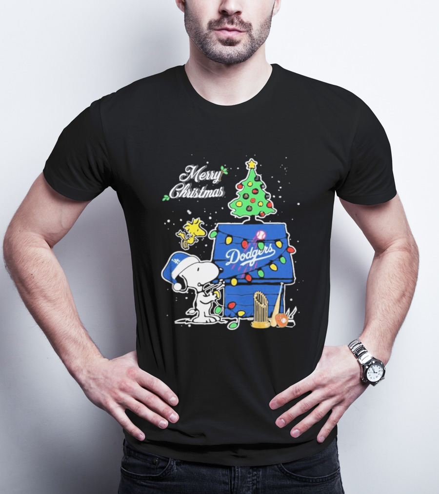 Merry Christmas Snoopy Los Angeles Dodgers Tree Lights Woodstock T-Shirt