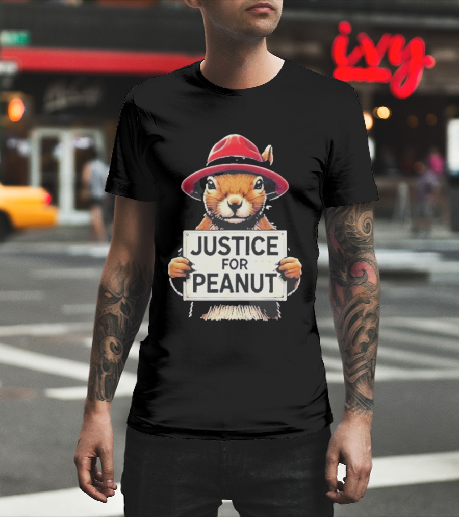 Justice For Peanut Wanted Squirrel In Red Hat T-Shirt