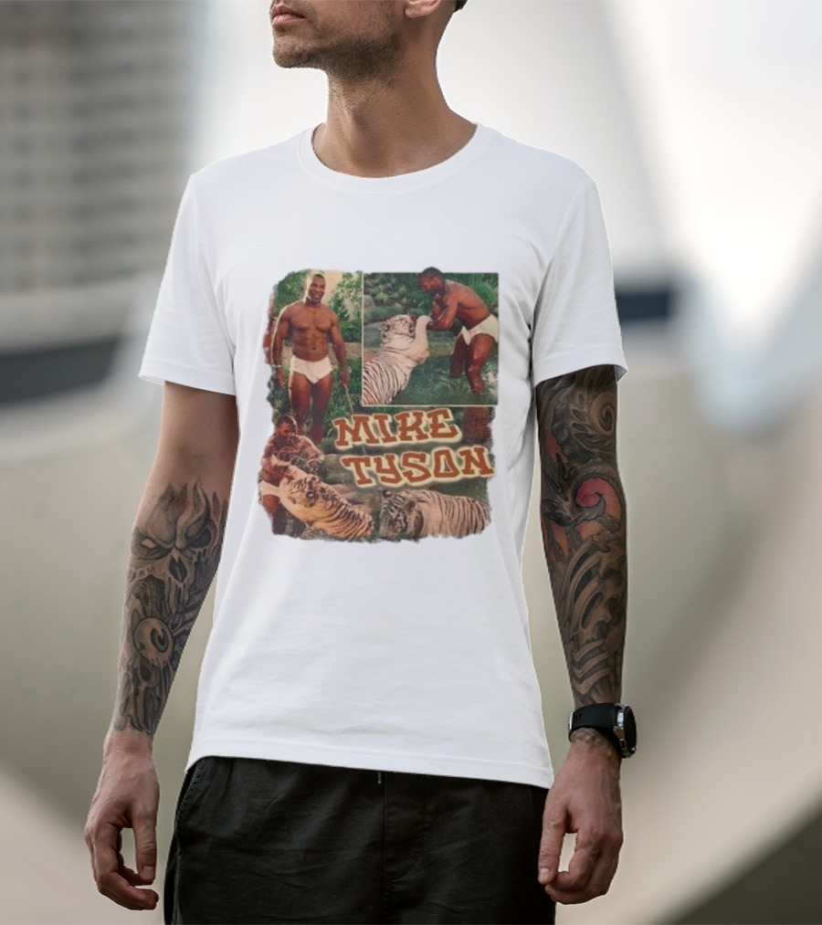 Mike Tyson With Tigers Vintage 90s Style Collage T-Shirt