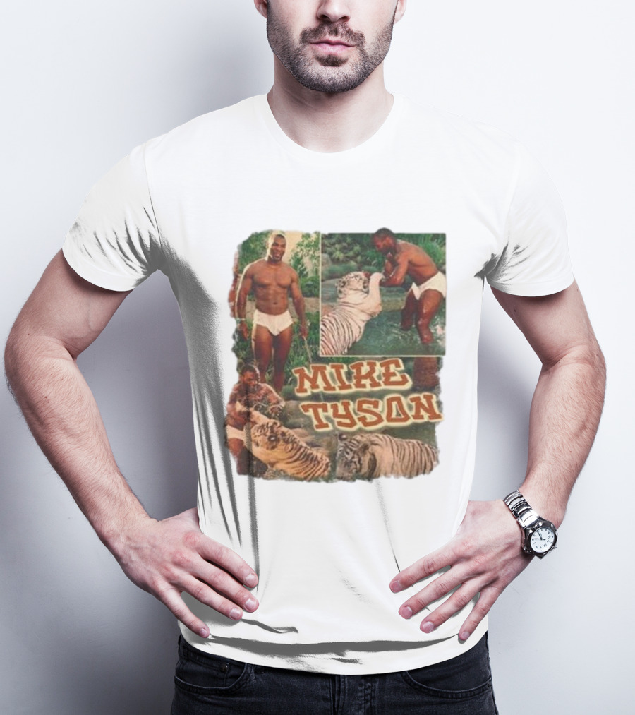 Mike Tyson With Tigers Vintage 90s Style Collage T-Shirt