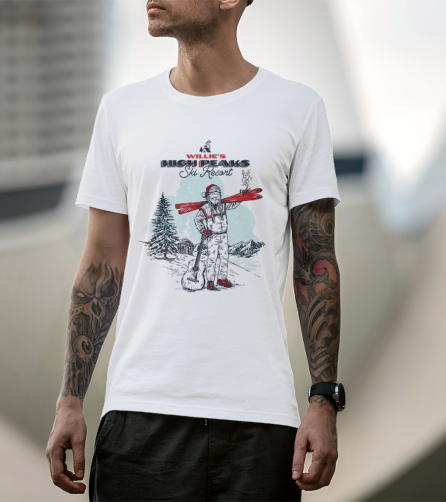 Willie Nelson High Peaks Ski Resort Winter Scene T-Shirt