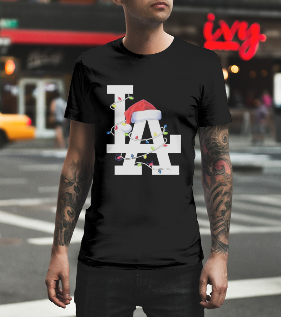 Los Angeles LA Merry Christmas Santa Hat Lights Holiday 2D T-Shirt