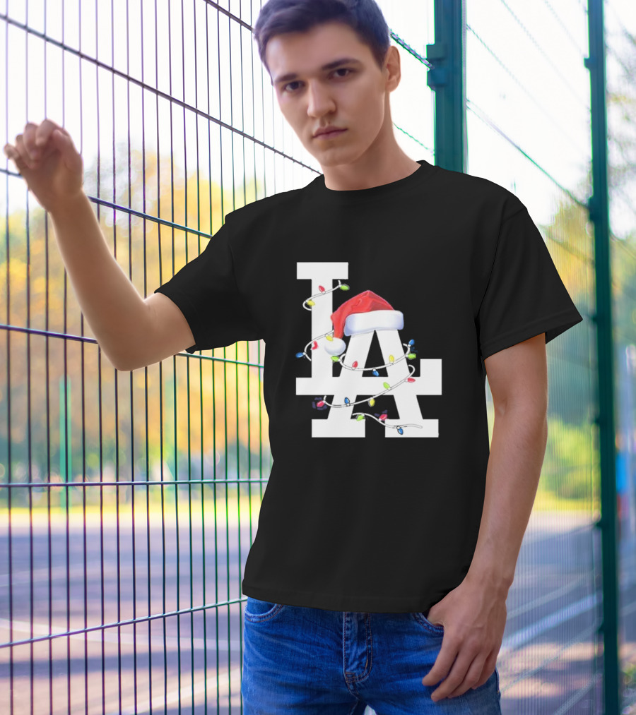 Los Angeles LA Merry Christmas Santa Hat Lights Holiday 2D T-Shirt