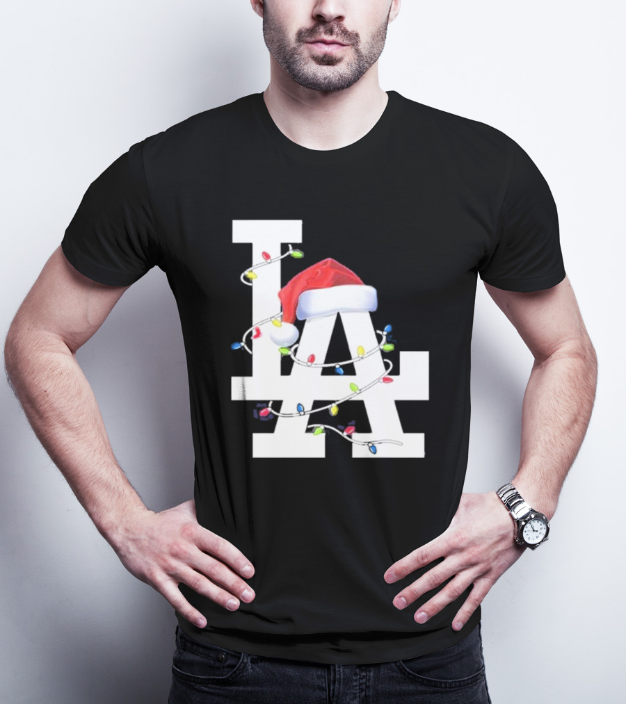 Los Angeles LA Merry Christmas Santa Hat Lights Holiday 2D T-Shirt